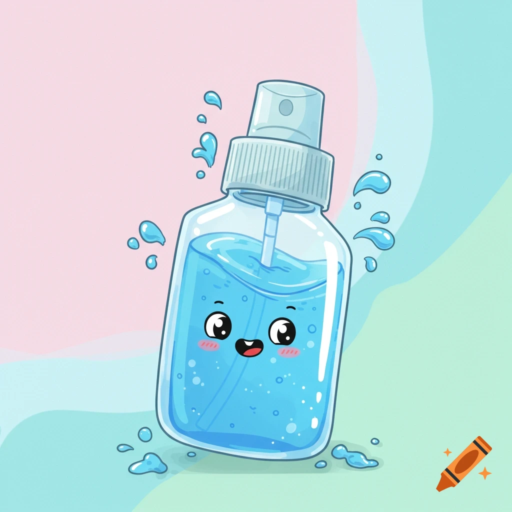 A clear bottle of yellow oil with a cute cartoon face and a mint-green ...