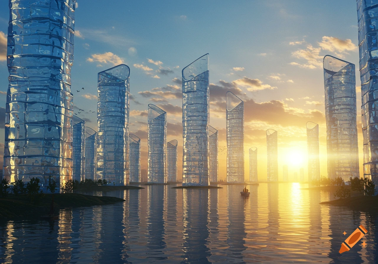 A futuristic city skyline with buildings resembling tall glass cups ...