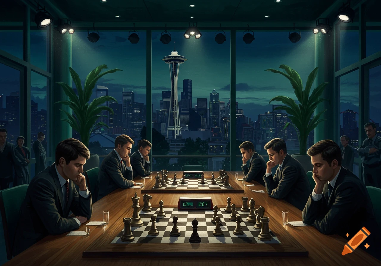 Men in suits play chess in a modern room overlooking the Seattle ...