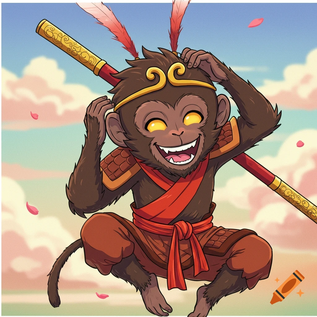 A playful, cartoon Monkey King (Sun Wukong) with glowing yellow eyes, golden headband, and red ...