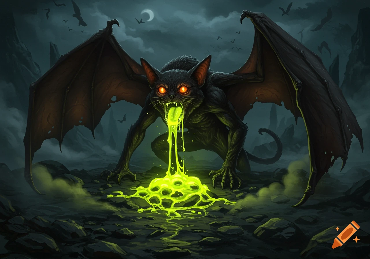 A dark fantasy illustration of a bat-like cat monster with glowing red ...