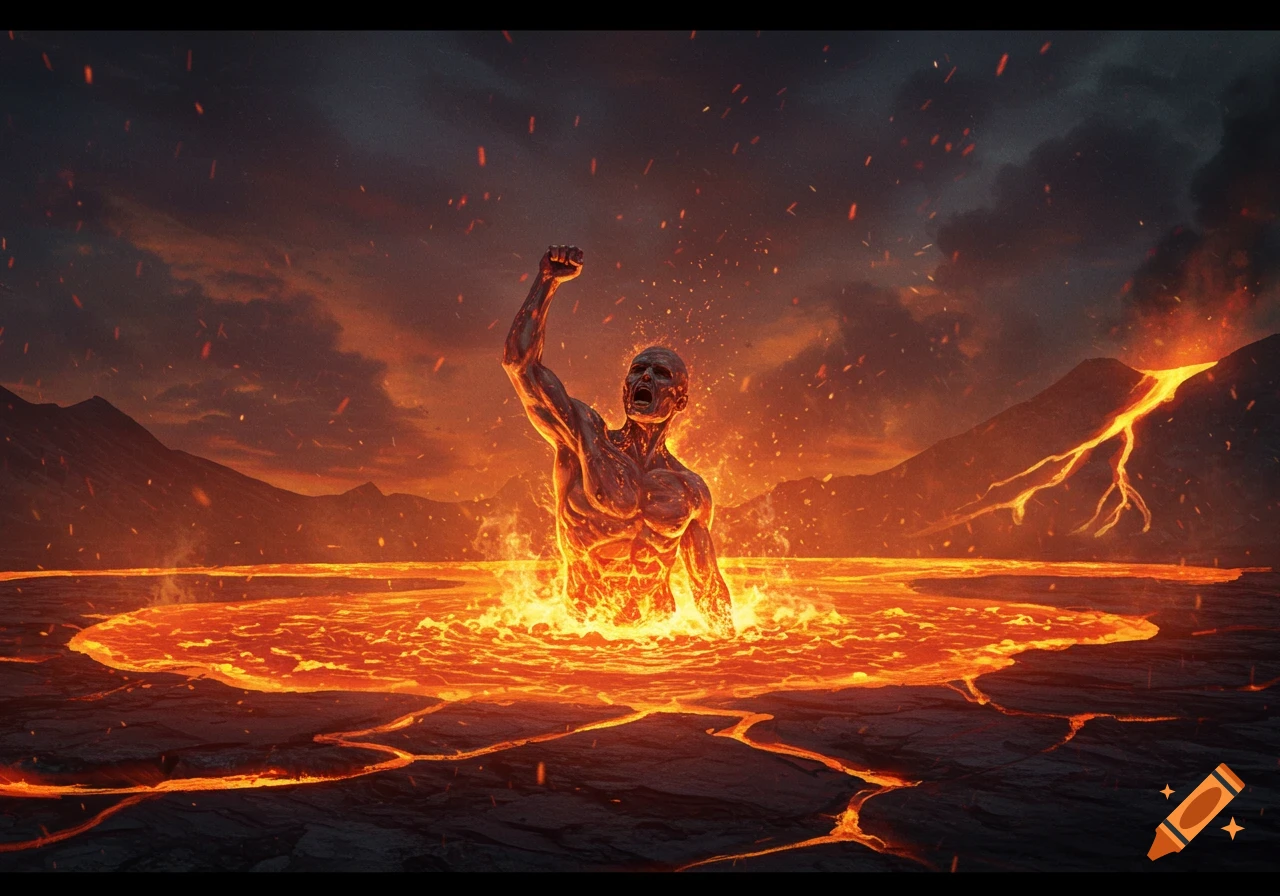 A bald Black child in a wheelchair floats above an erupting volcano ...