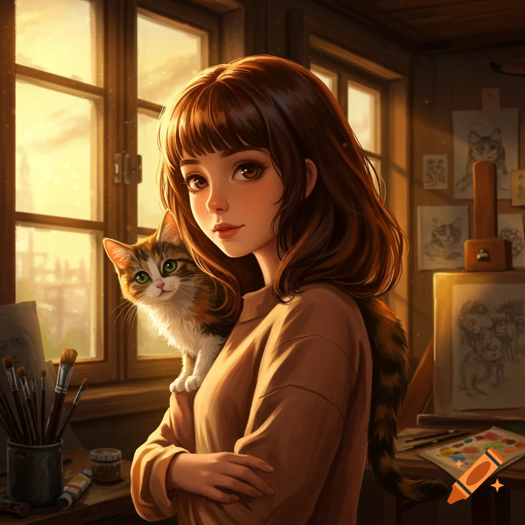 Illustrated anime girl with brown hair and bangs, holding a calico cat ...