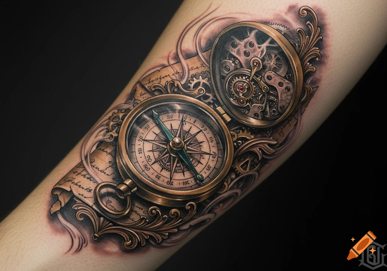 Detailed steampunk tattoo of a compass and clockwork mechanism on an arm, with a scroll ...