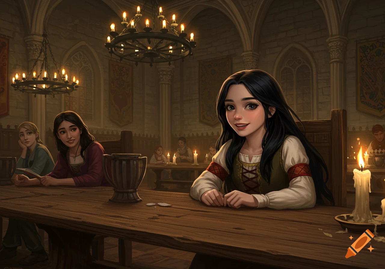 A plus-sized girl in a blue robe sits at a desk in a gothic library ...