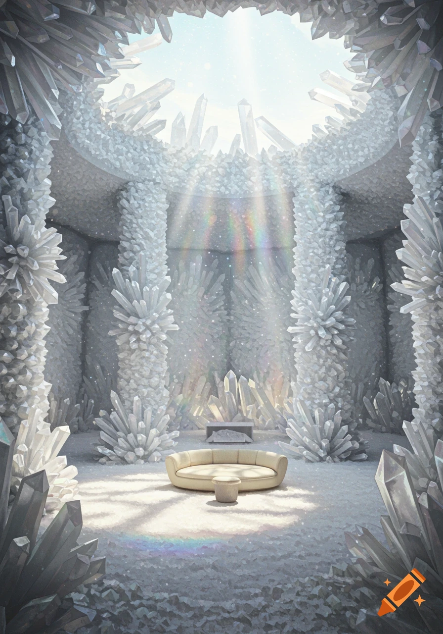 A luminous room with walls and pillars made of white quartz crystals ...