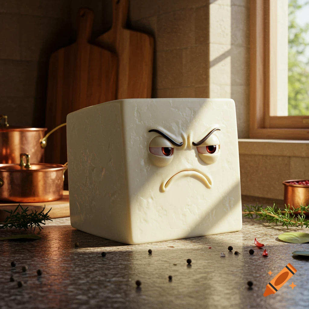 A grumpy-faced block of white cheese sits on a kitchen counter with ...
