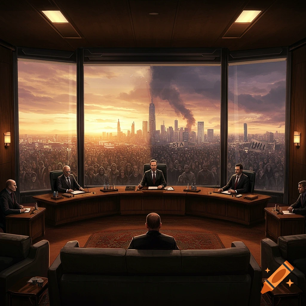 A grotesque figure in a presidential suit and mask stands behind a desk ...