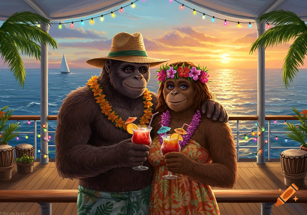 A cute cartoon Menehune in a leaf skirt and flower lei holds a pumpkin ...