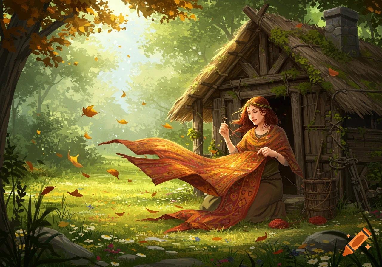 Illustrated red-haired woman weaving a patterned textile by a rustic ...