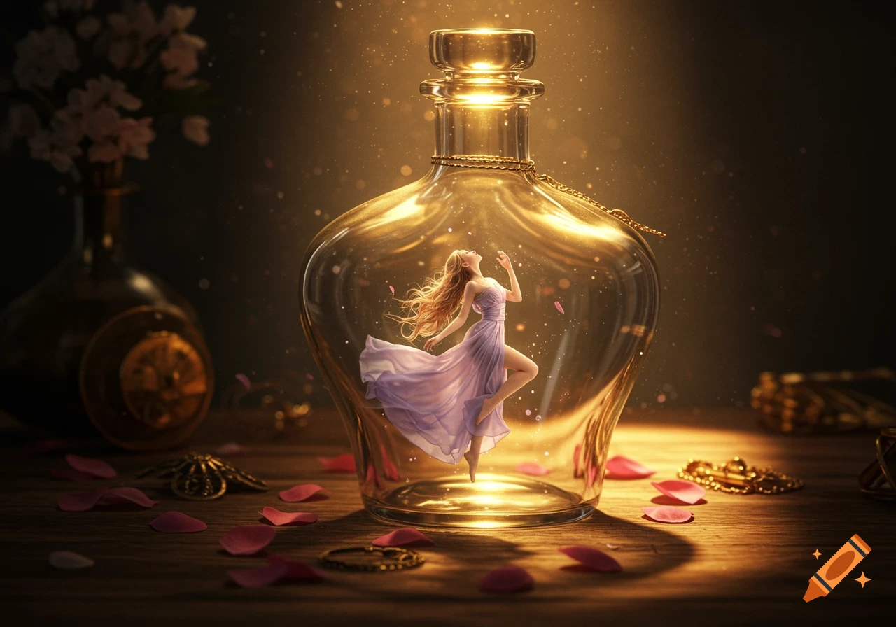 A woman in a flowing purple dress dances inside a glowing glass bottle ...