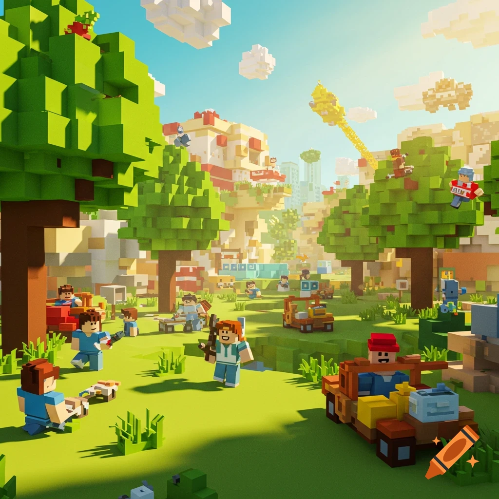 A block-art style cityscape at sunset, with blocky characters ...