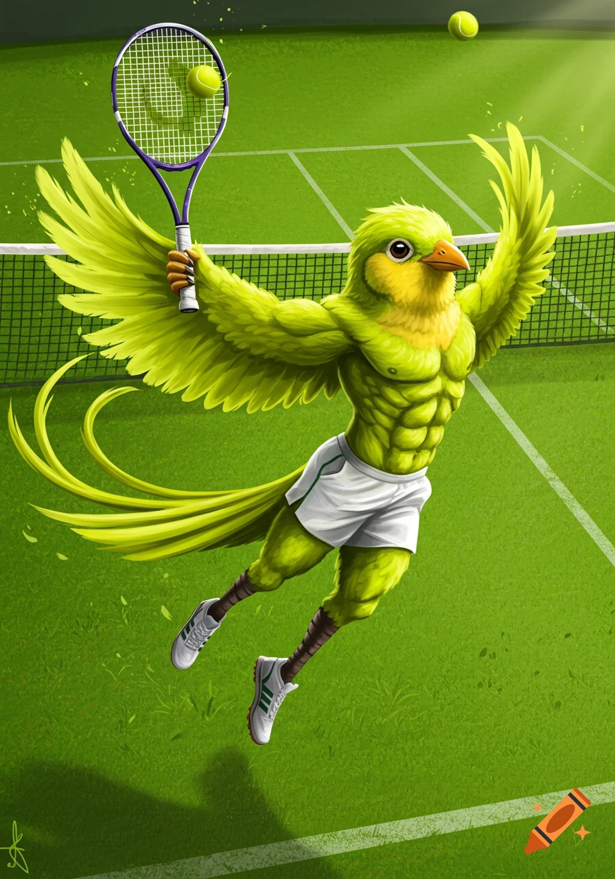 A muscular, anthropomorphic green and yellow bird jumps on a tennis ...