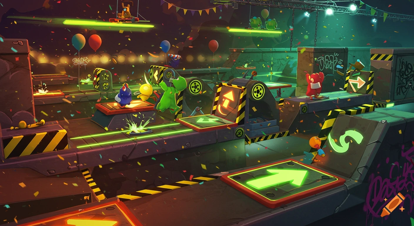 A vibrant cartoon obstacle course with colorful characters, neon ...
