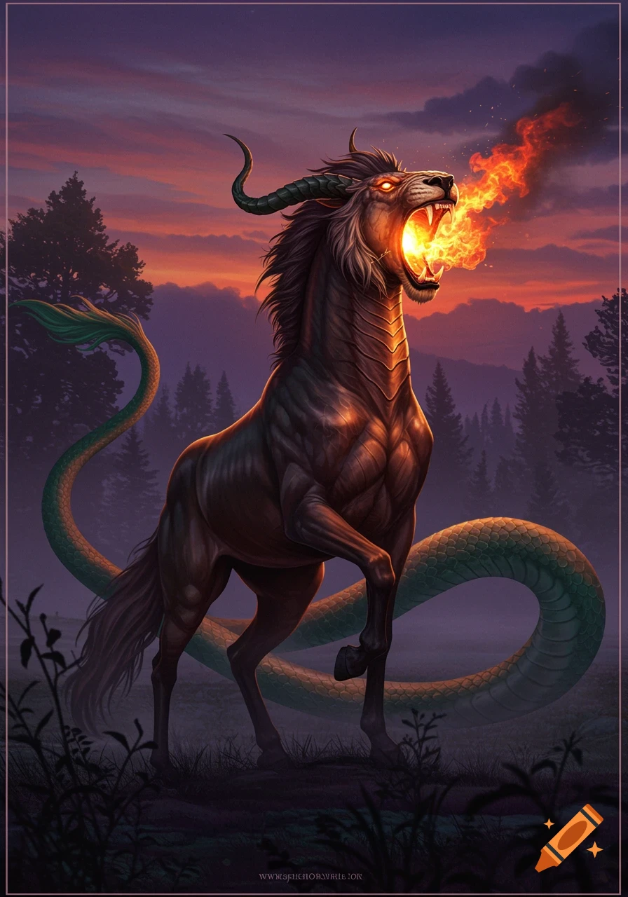 A dark mythical creature with a horse body, horned lion head, and snake tail breathes fire in a ...