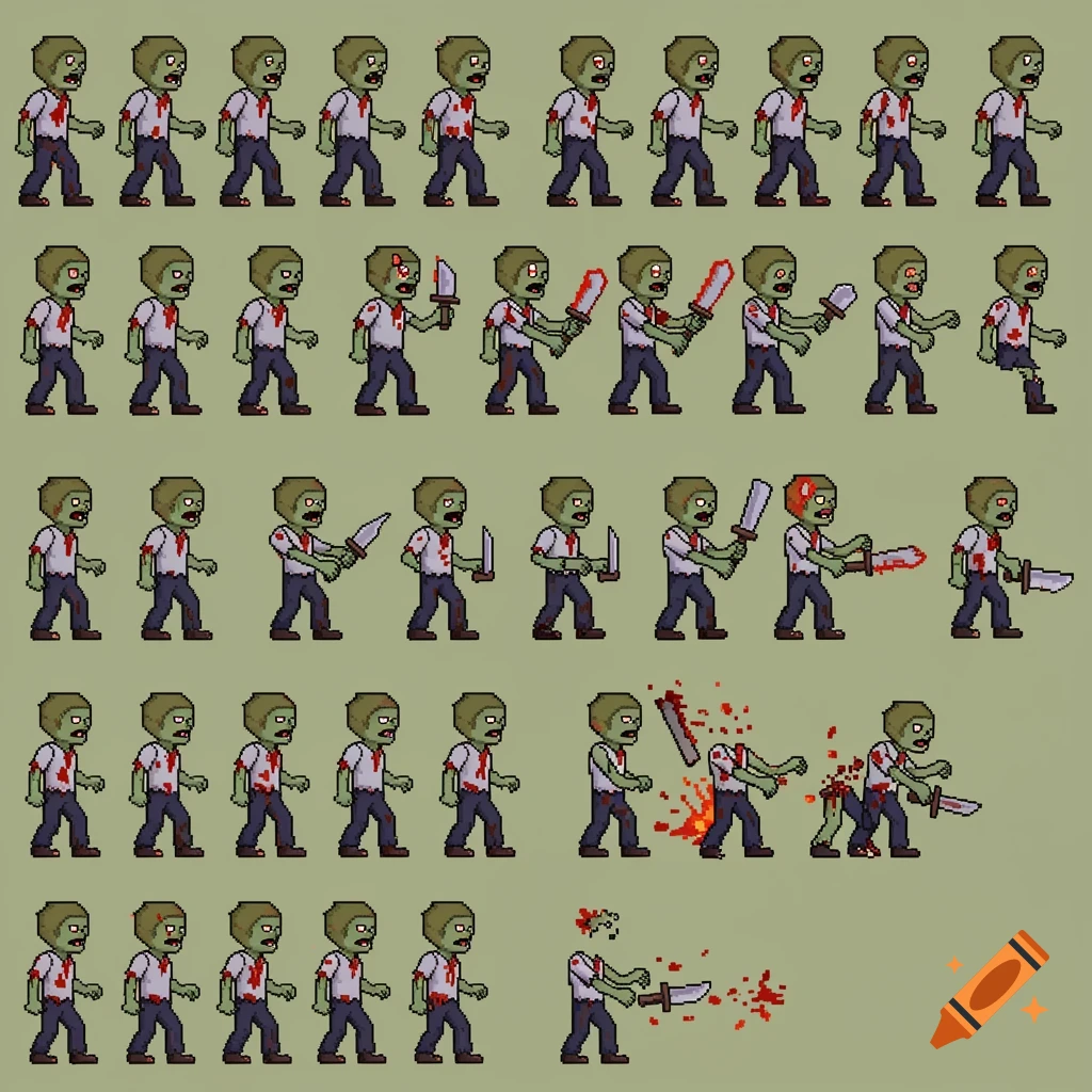 A pixel art sprite sheet of green zombies in various animation frames, including walking ...