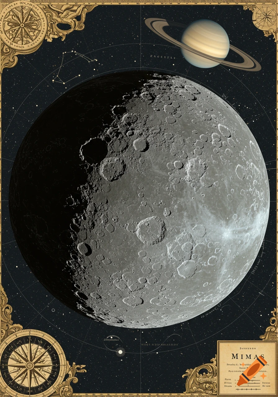 Vintage-style cosmic map with a large, cratered moon and Saturn ...