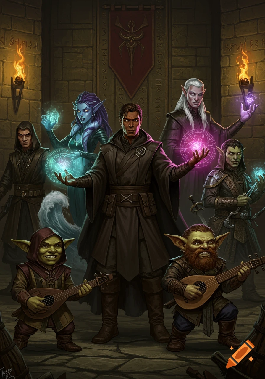 A diverse group of fantasy adventurers with weapons and a pan flute ...