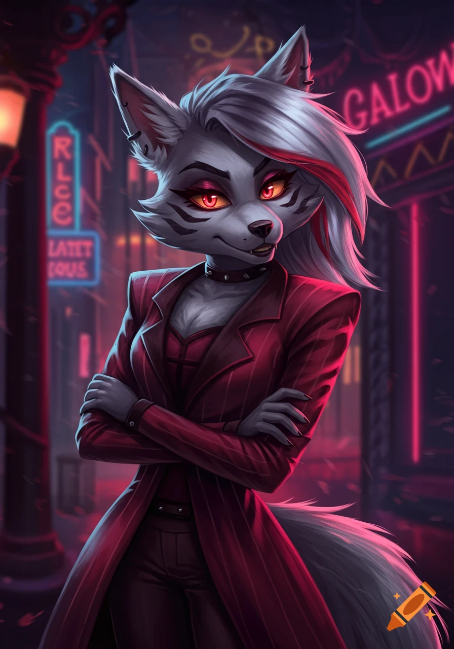 An anthropomorphic white wolf-like character with red eyes and a spiked ...