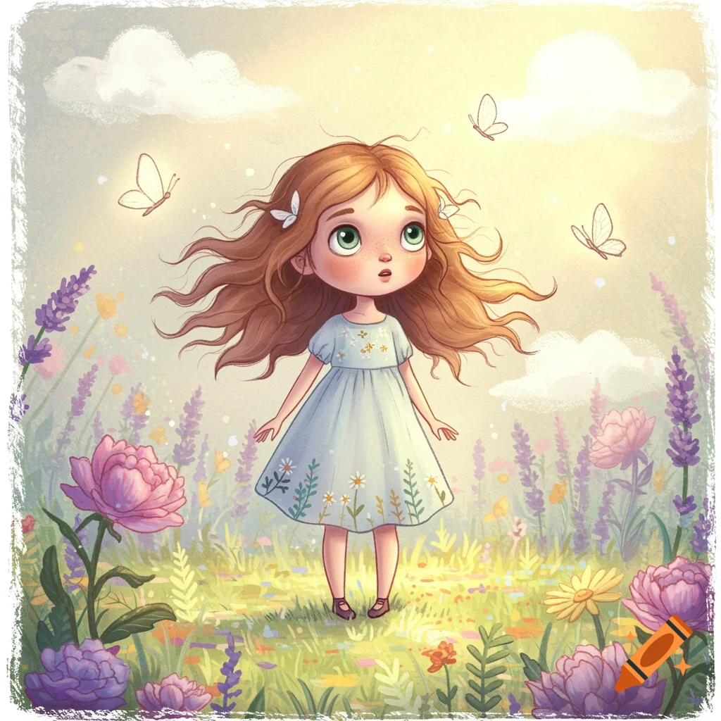 A cute, big-eyed, blonde-haired flower fairy child in a pink petal ...