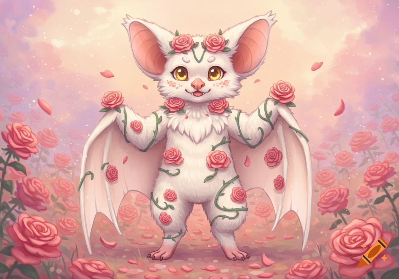 A cute, white anthropomorphic bat with yellow eyes, covered in pink ...