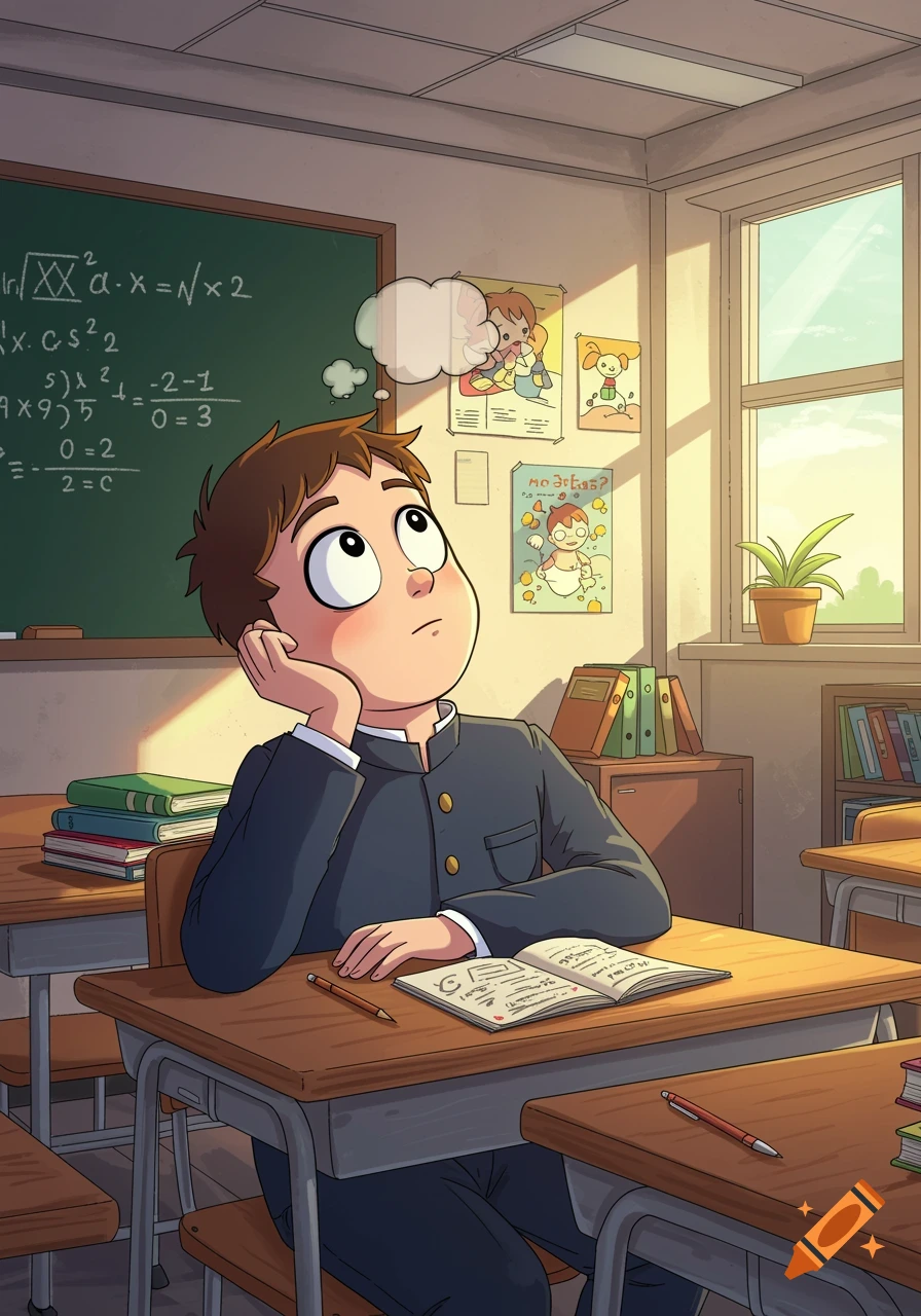 A chubby cartoon man with glasses and a red shirt sits at a wooden desk ...