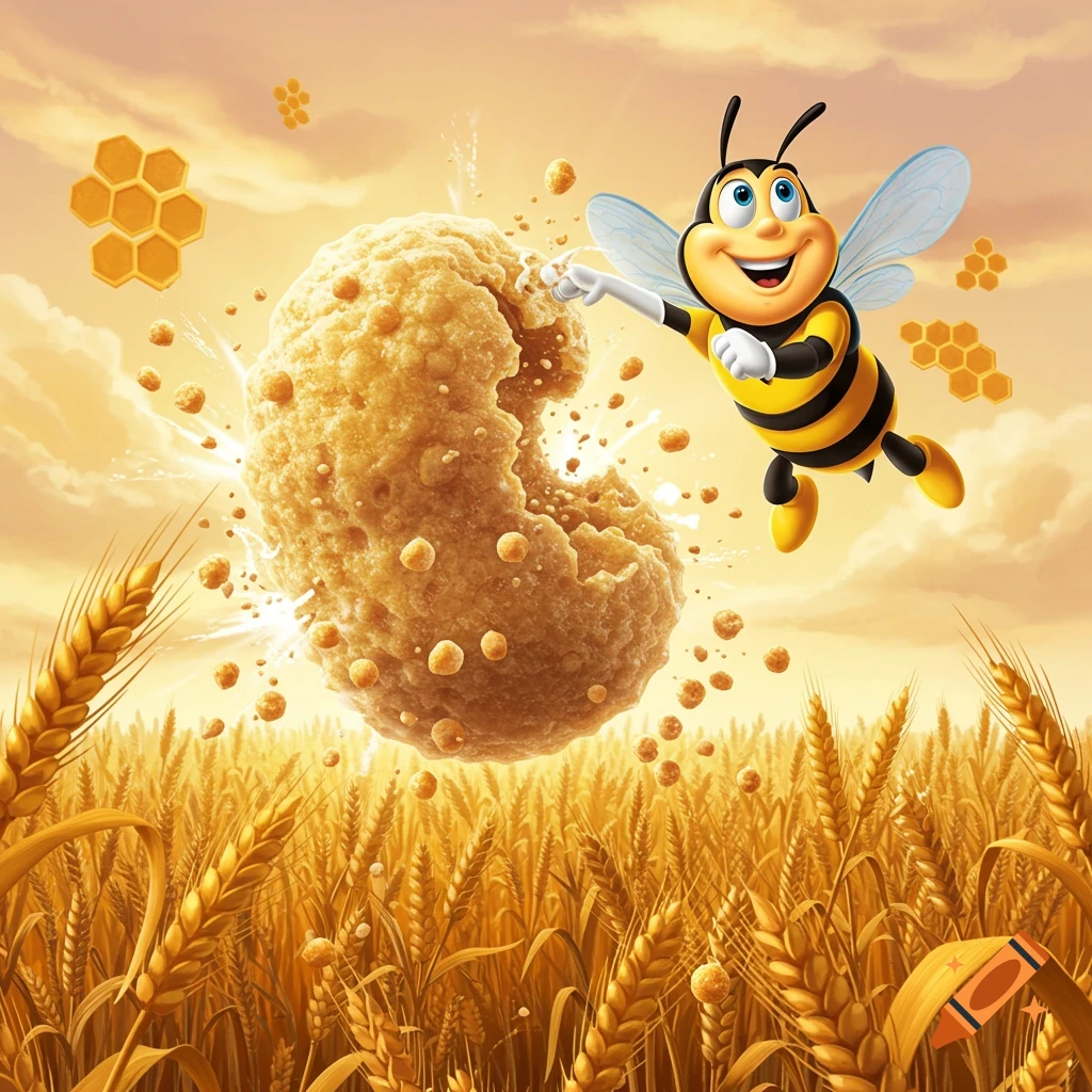 Cartoon BuzzBee bee next to a large exploding cereal piece over a ...