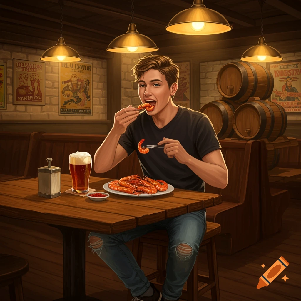 A muscular man in a comic style on a sunny beach, drinking beer from a ...