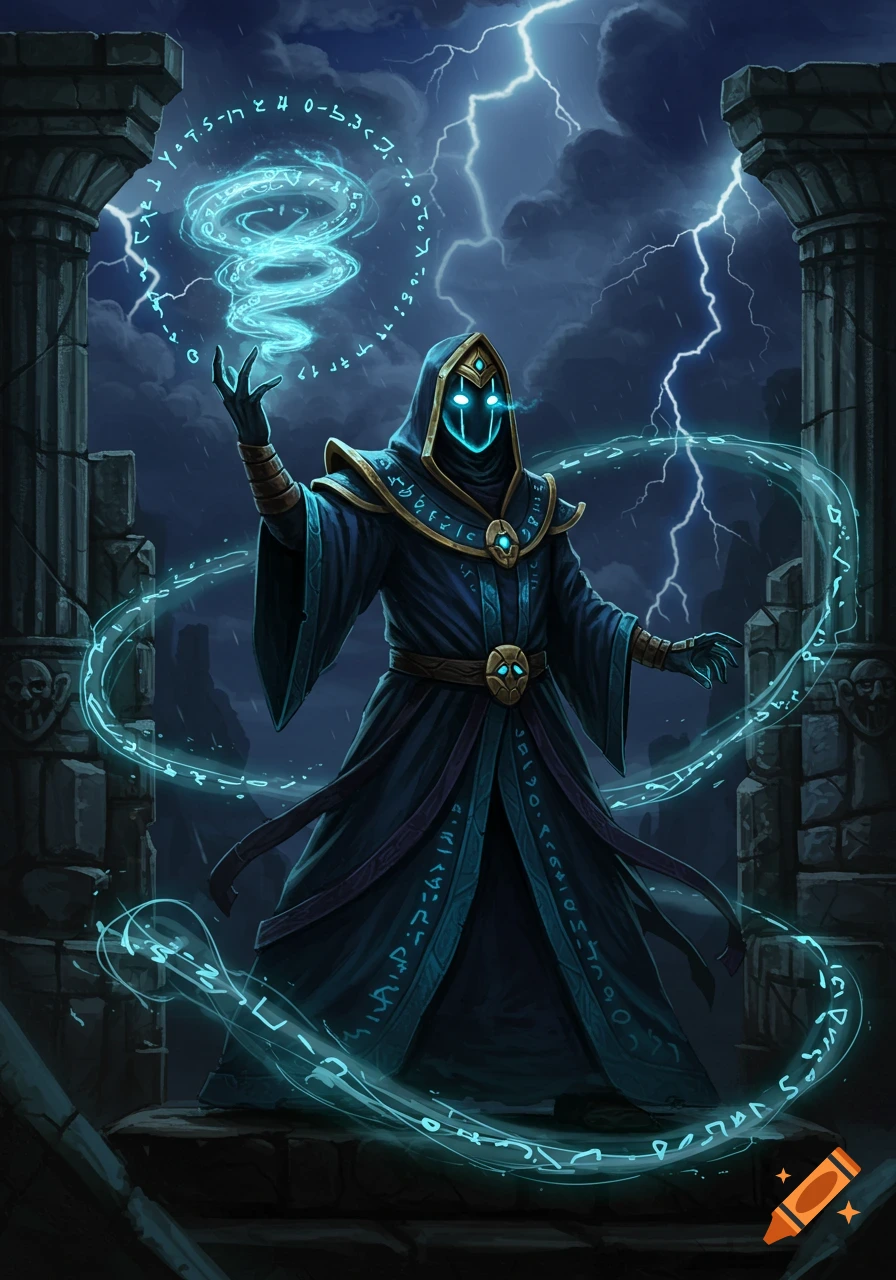A hooded wizard in dark robes with glowing blue eyes and symbols casts ...