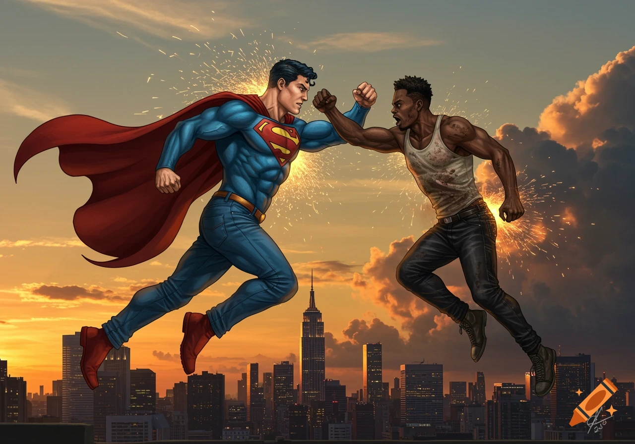 A comic illustration of Superman and an African American man in a ...