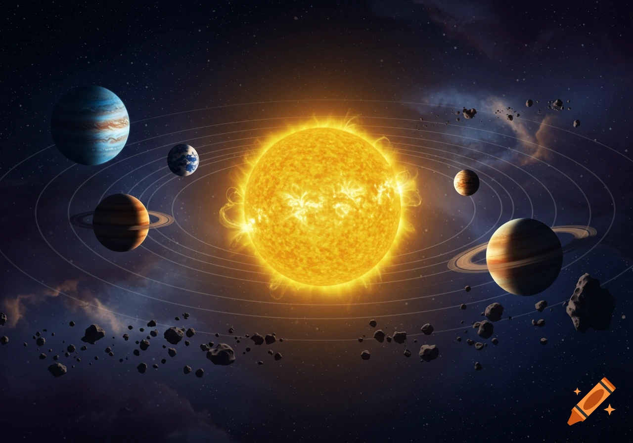 A vibrant depiction of a solar system with a bright yellow sun at the ...