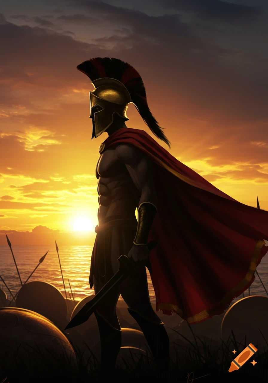 A silhouette of a Spartan warrior in armor and red cape holding a sword ...