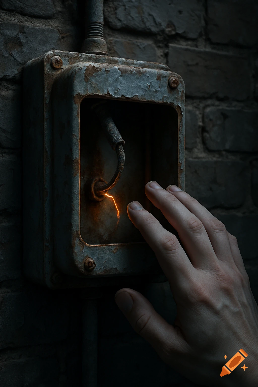 A person's hand reaches towards an old, rusty electrical box on a brick ...