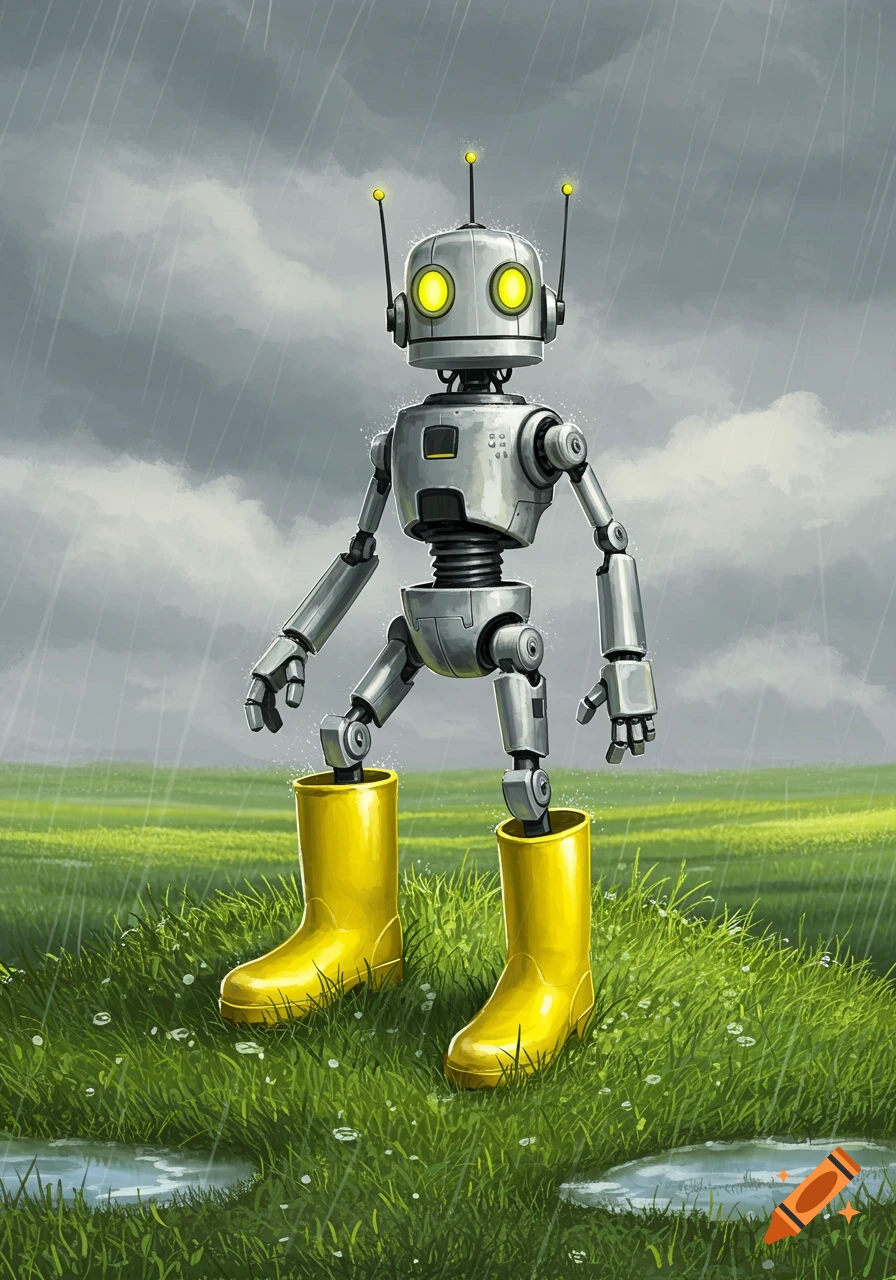 An illustrated robot wearing yellow wellington boots stands in a green ...