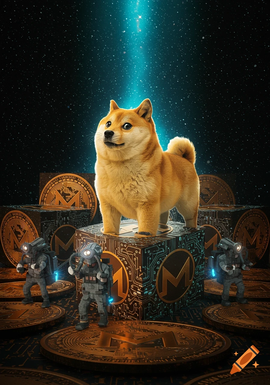 A Shiba Inu stands on a large cube with an 'M' symbol, surrounded by ...