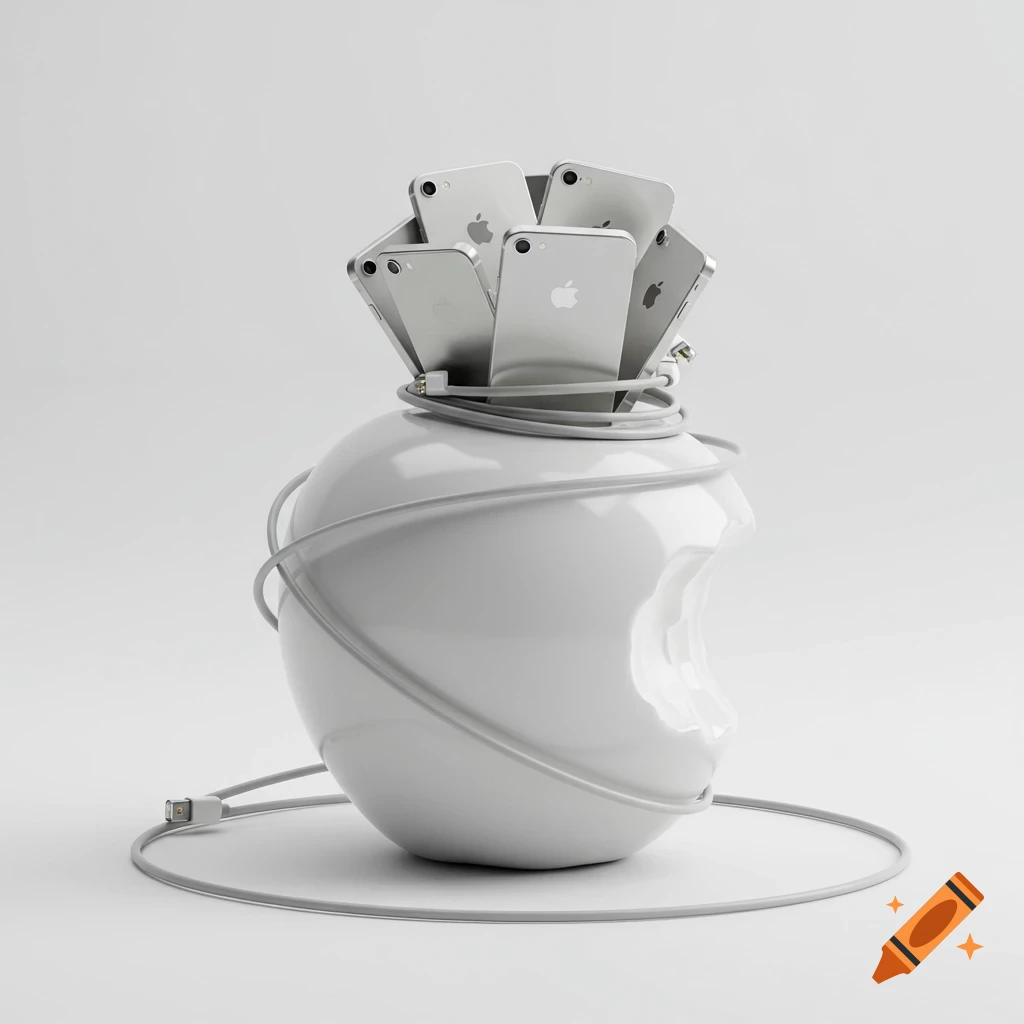 A shiny white sphere resembling an apple with a bite, wrapped in ...