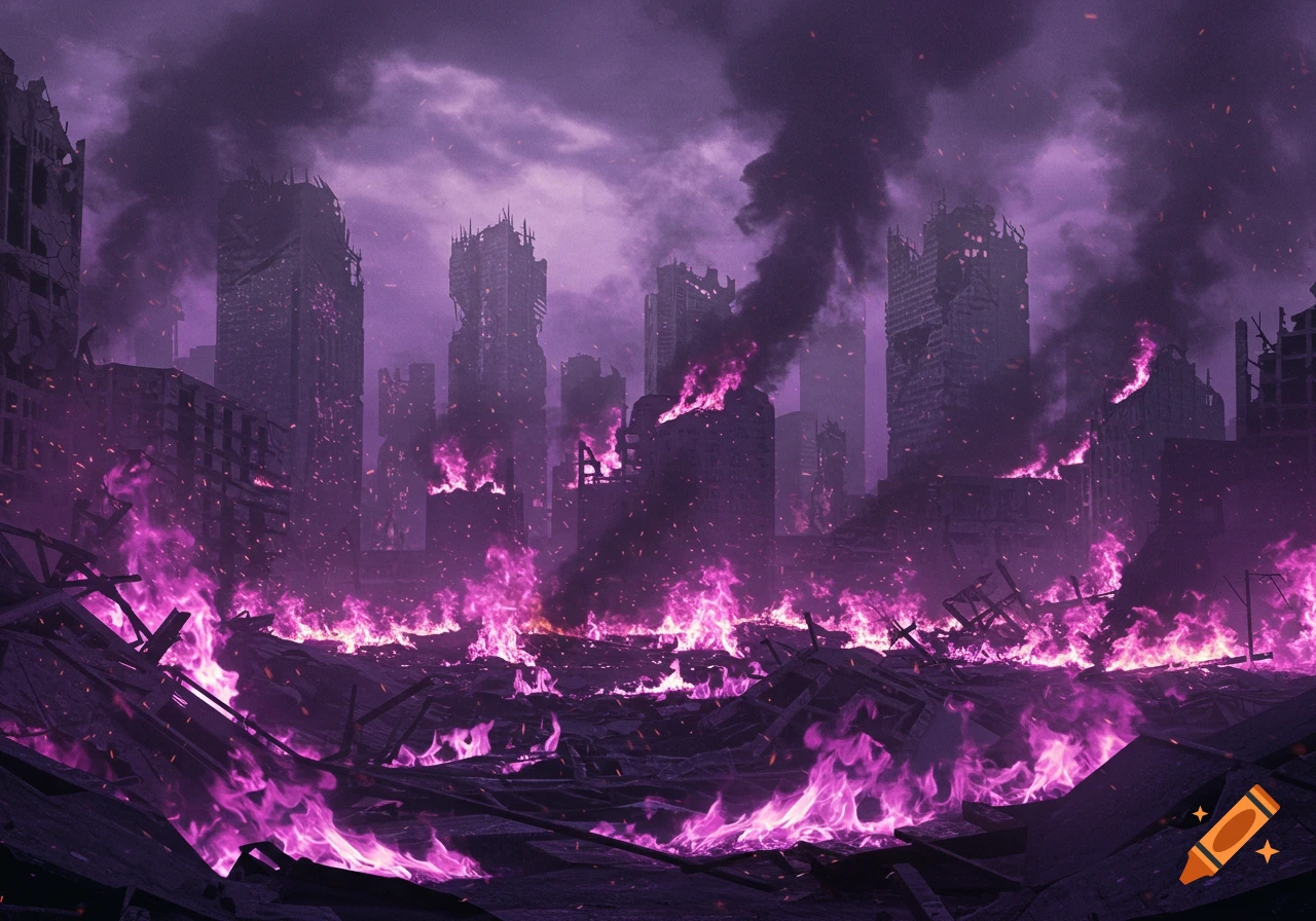 An apocalyptic ruined city engulfed in vibrant purple flames under a ...