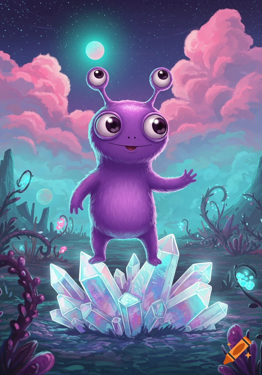 A cute purple alien with four large eyes stands on glowing crystals in ...