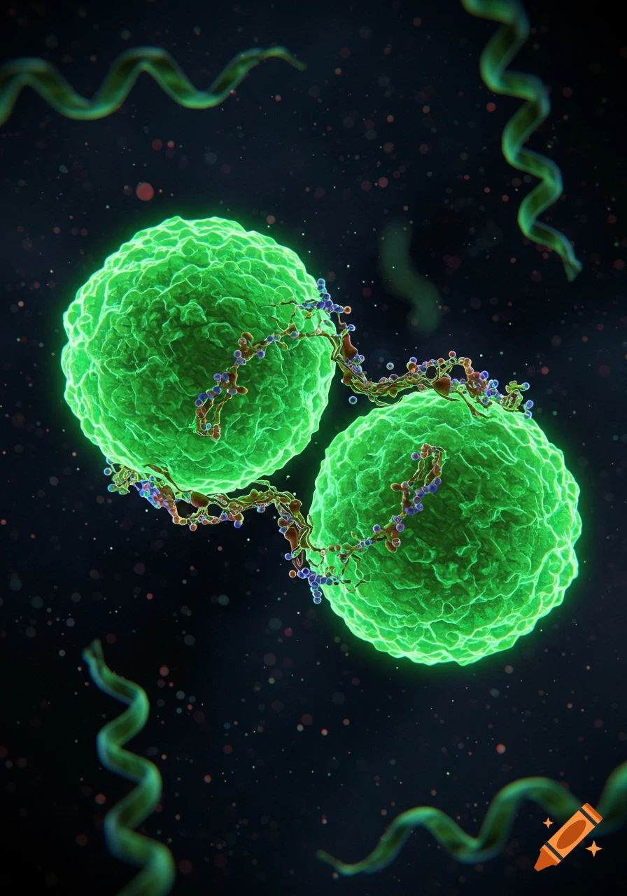 Two vibrant green lipid vesicles connected by a colorful protein strand ...