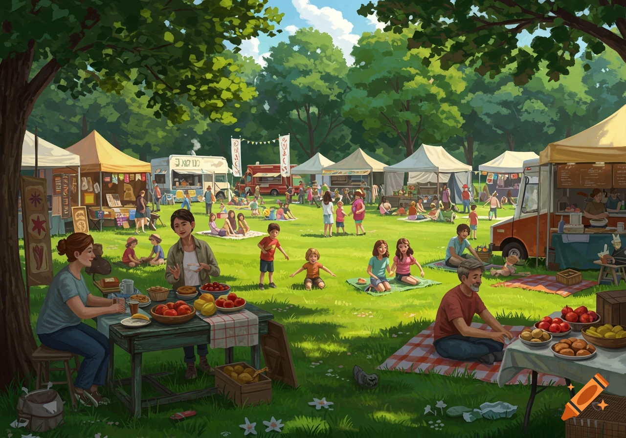 A vibrant illustration of a school event with a green popcorn stand, a ...