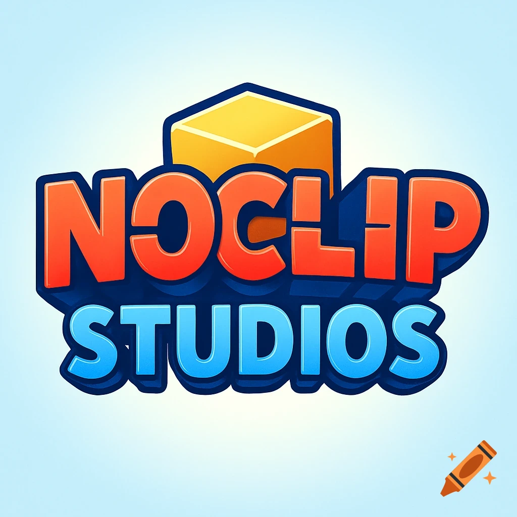 A colorful, bold Roblox-style logo for 'NOCLIP STUDIOS' with orange and ...