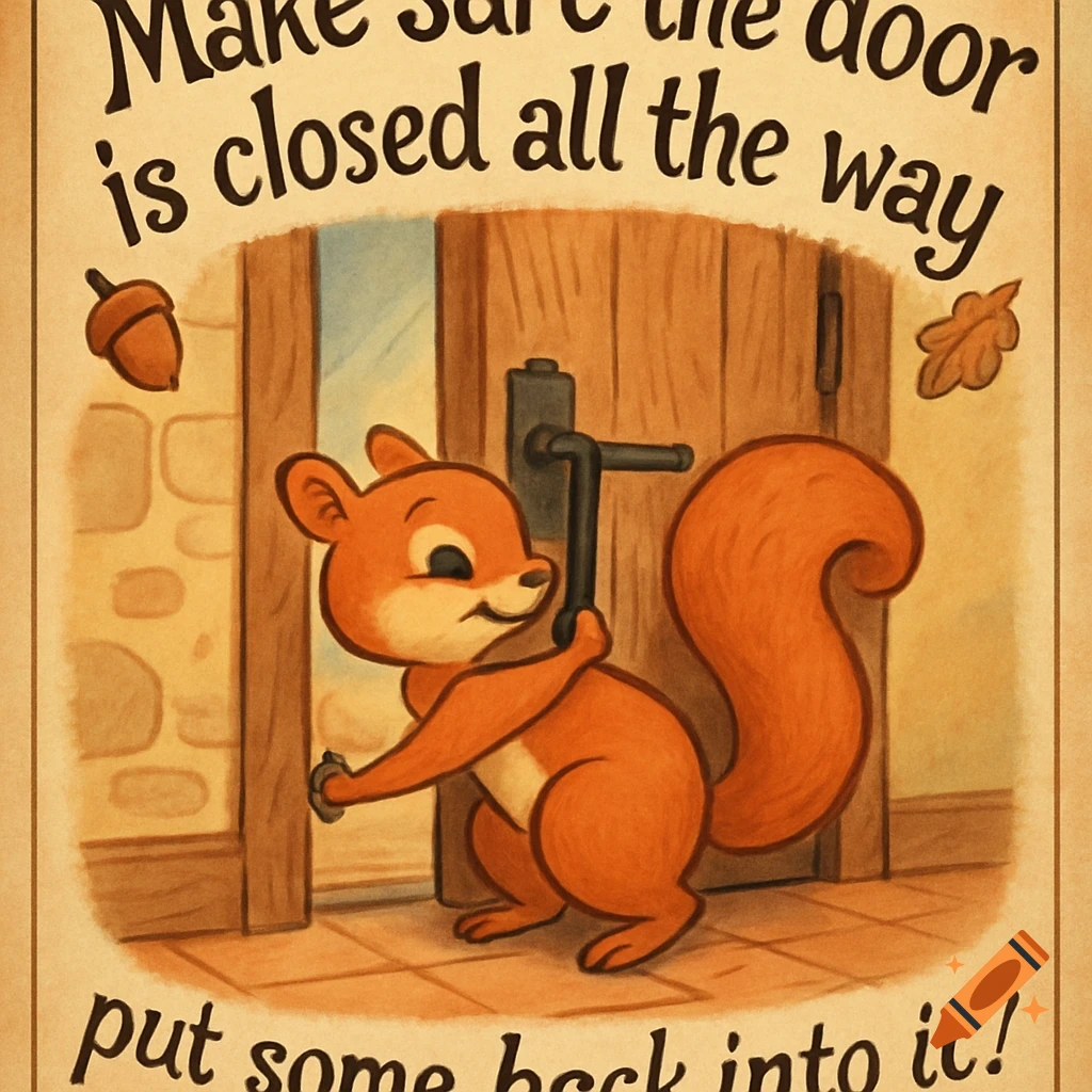 A cream-colored sign with a decorative border reads 'Please Close the ...