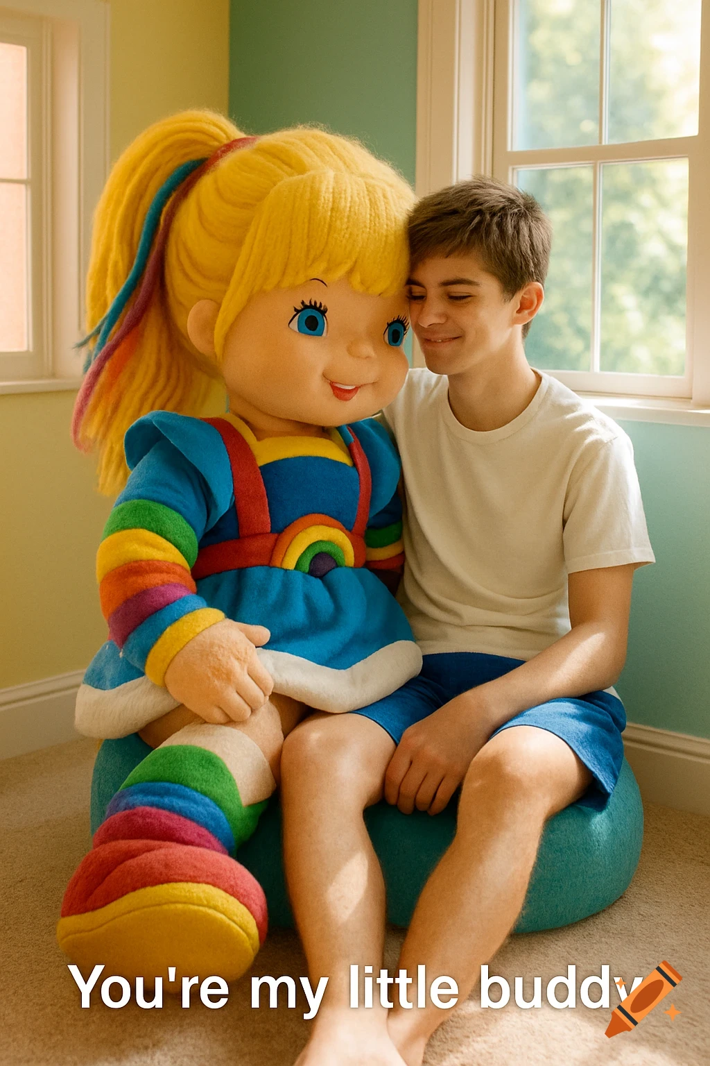 A teenage boy embraces a large Rainbow Brite mascot doll in a brightly ...