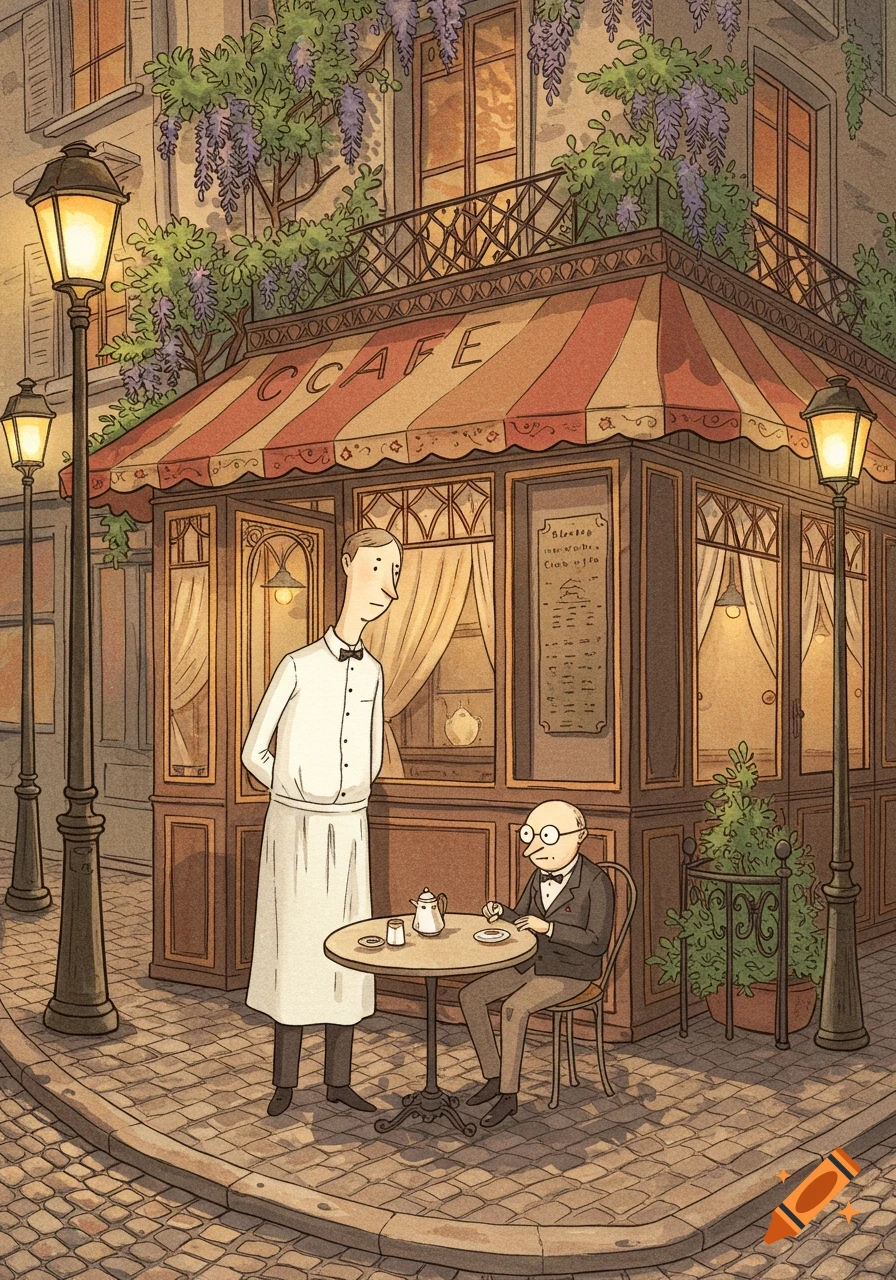 Illustration of a Parisian cafe with a tall waiter standing by a short ...