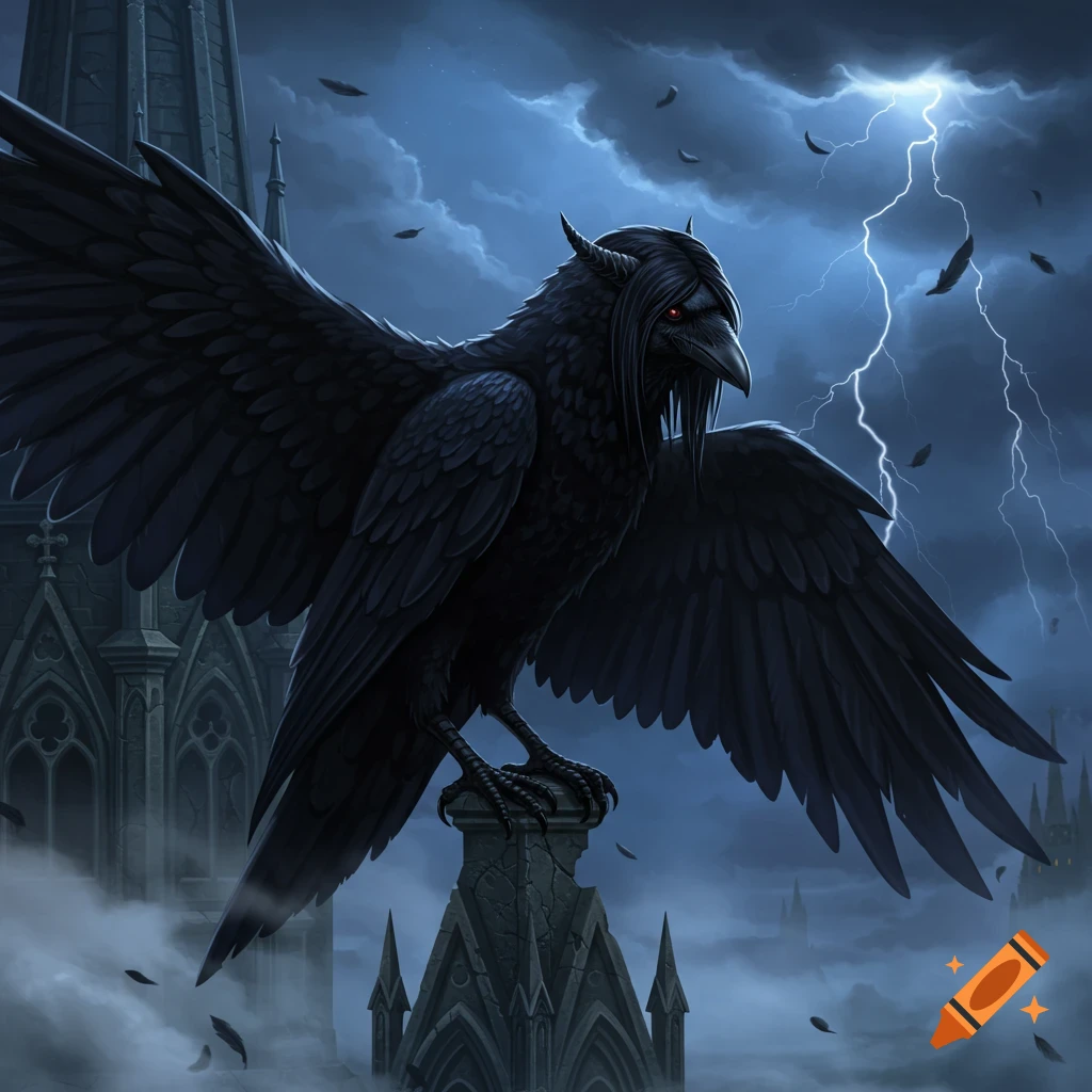 Raven with sharingan eyes and a black and white crown on Craiyon