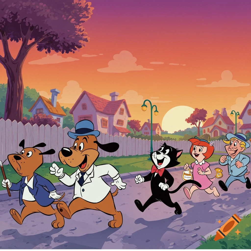Cartoon dogs, a cat, and children walk down a suburban street at sunset ...