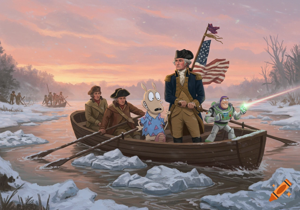 George Washington, Rocko, and Buzz Lightyear cross the snowy Delaware ...