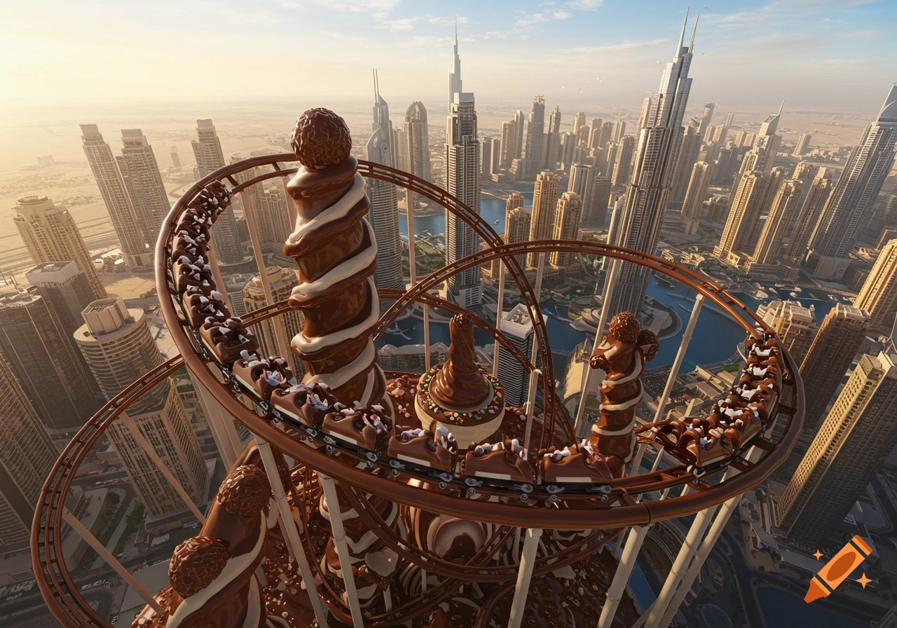 A chocolate-themed roller coaster weaves through the skyscrapers of ...