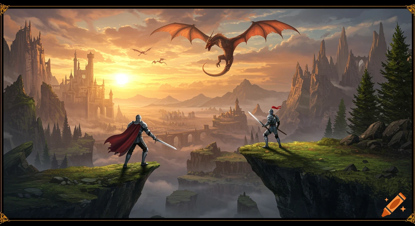 Two knights face off on cliff edges with a dragon flying above a ...