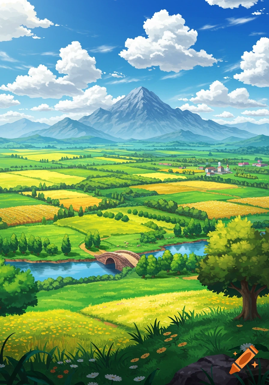 A Studio Ghibli style landscape illustration with rolling hills, a ...